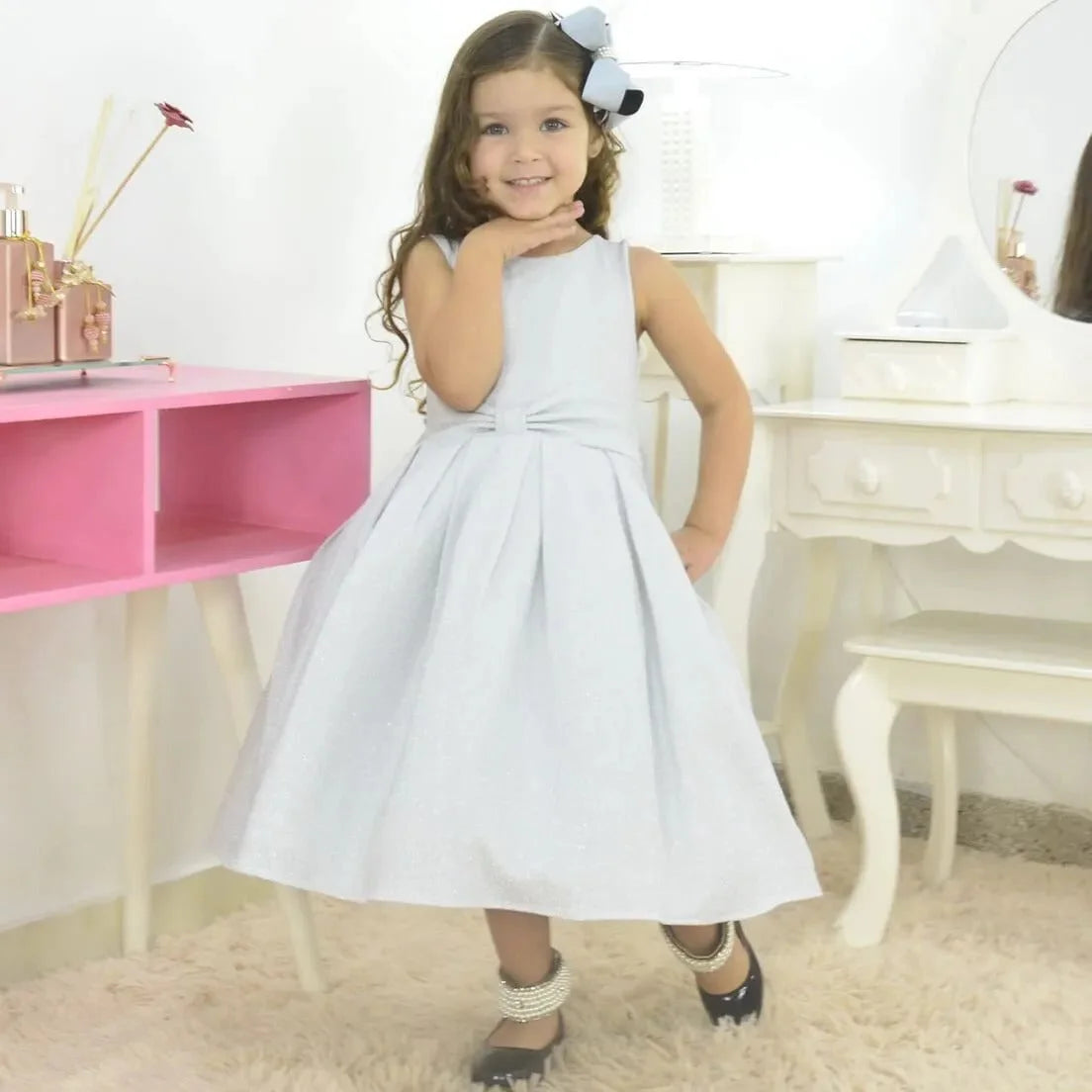 Girl’s Silver Lurex Dress + Hair Bow + Petticoat | Party Model | High ...