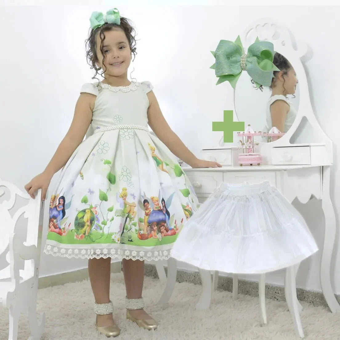 Girl’s Tinker Bell Dress with Pearl Embroidery + Hair Bow + Petticoat ...